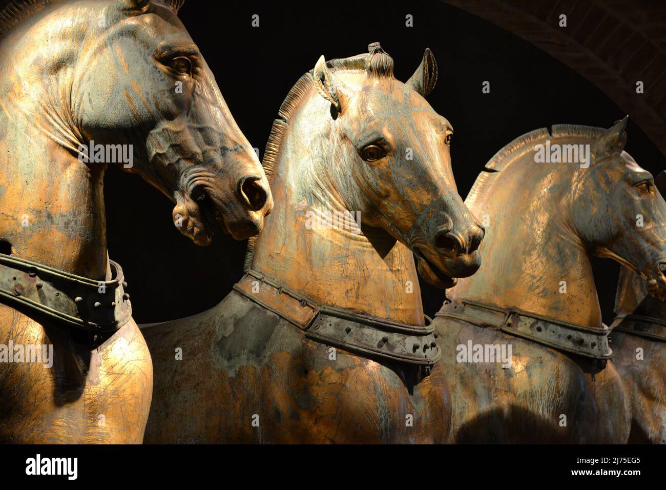 Venice, Italy - May 17, 2011: Ancient bronze horses inside Basilica di San Marco in Venice ...