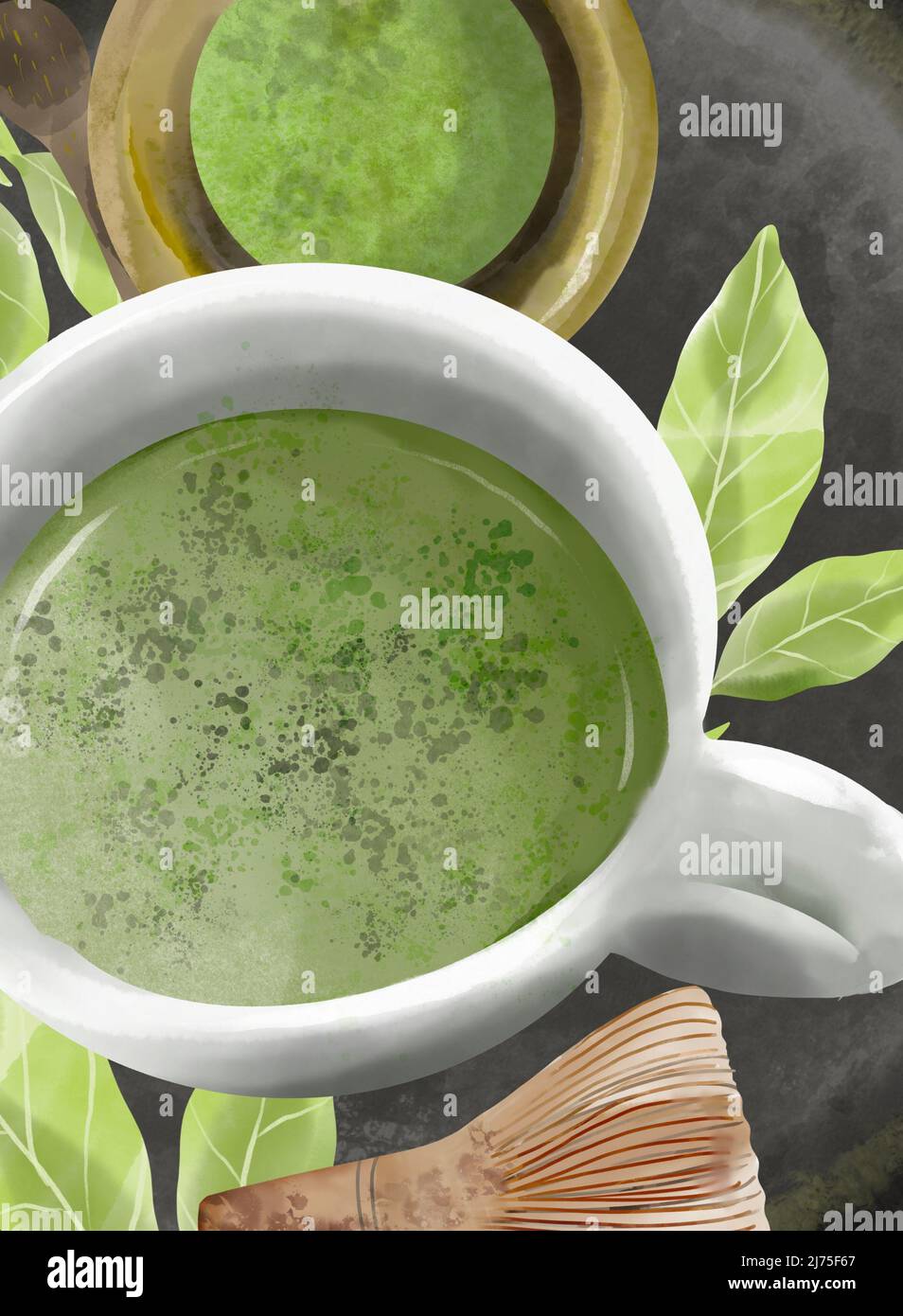 illustration of matcha tea Japanese ceremony advertising banner on dark ...