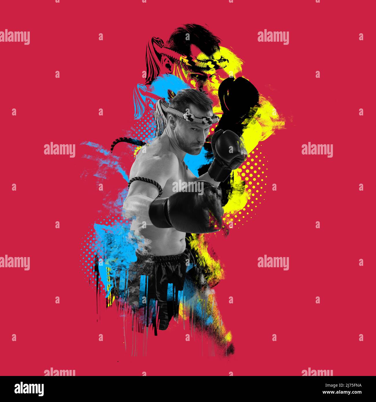 Contemporary art collage. Man, professional male mma fighter, thai ...