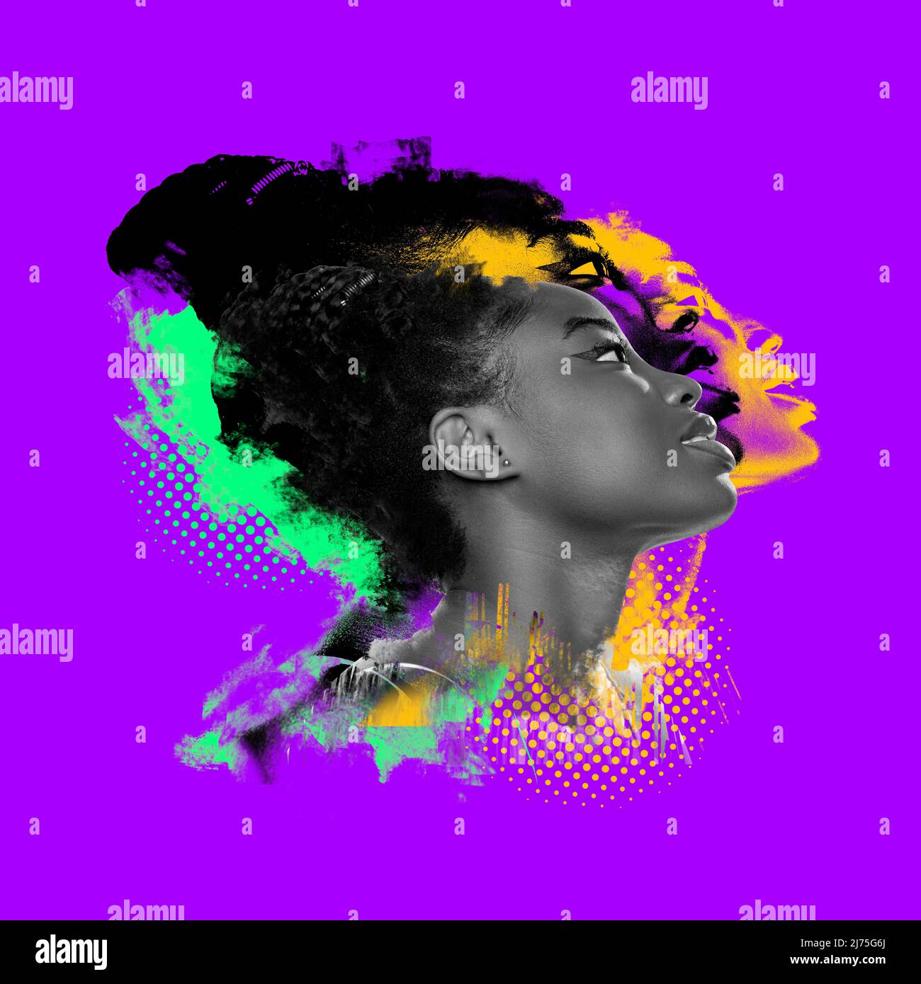 Young woman's portrait made with color halftone effect, modern art ...