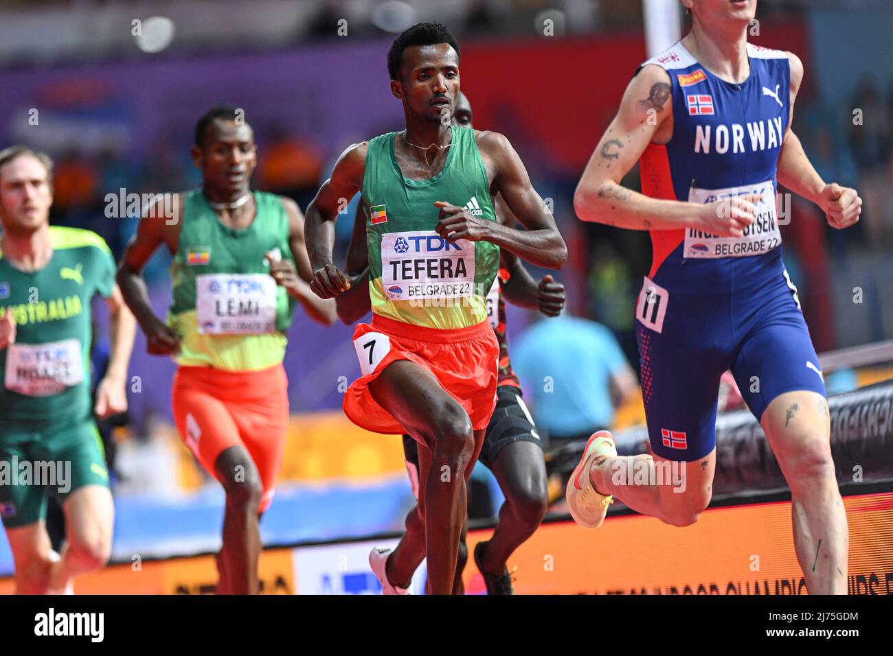 Samuel Tefera participating in the Belgrade 2022 World Indoor Championships in the 1500 meters ...