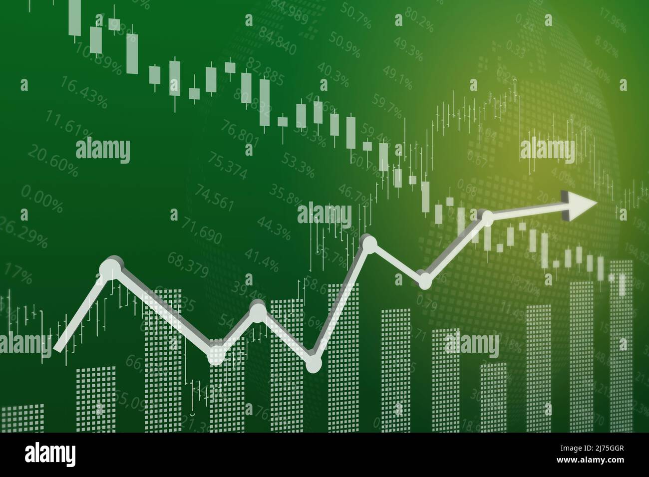 Finance green background with candlestick, column, arrow and graphs. Financial market concept ...