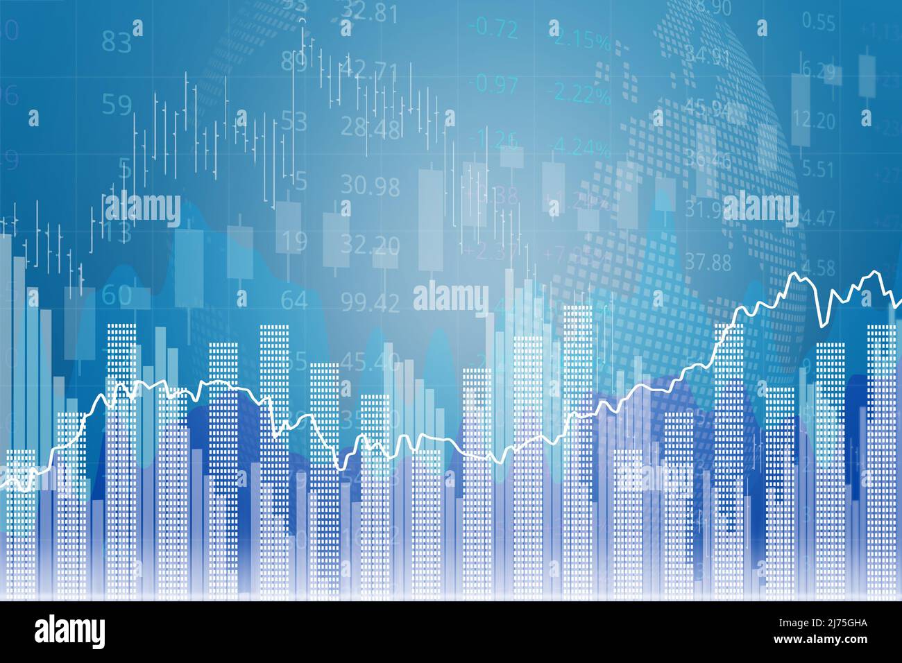 Blue finance background with bars, candlesticks, numbers, columns and ...