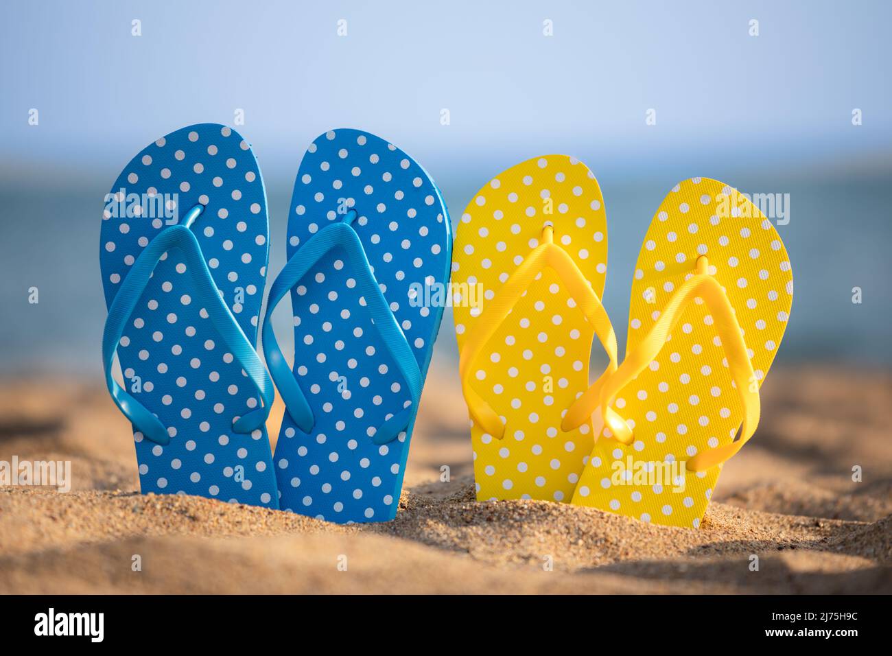 Beach flip-flops on the sand against sea and sky background. Summer ...