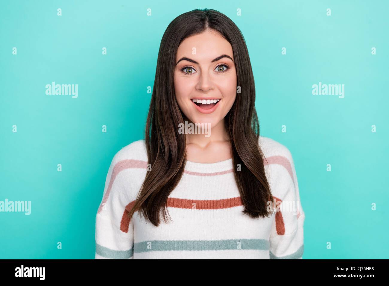 Photo Of Pretty Excited Lady Dressed Striped Pullover Smiling Open