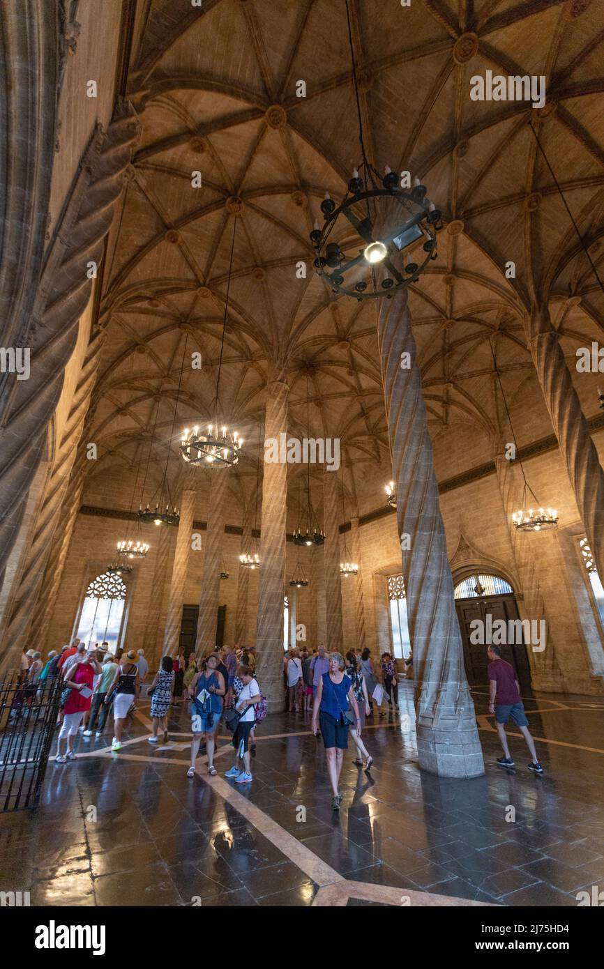 Interior view of Lonja de la Seda de Valencia. Built between 1482 and ...