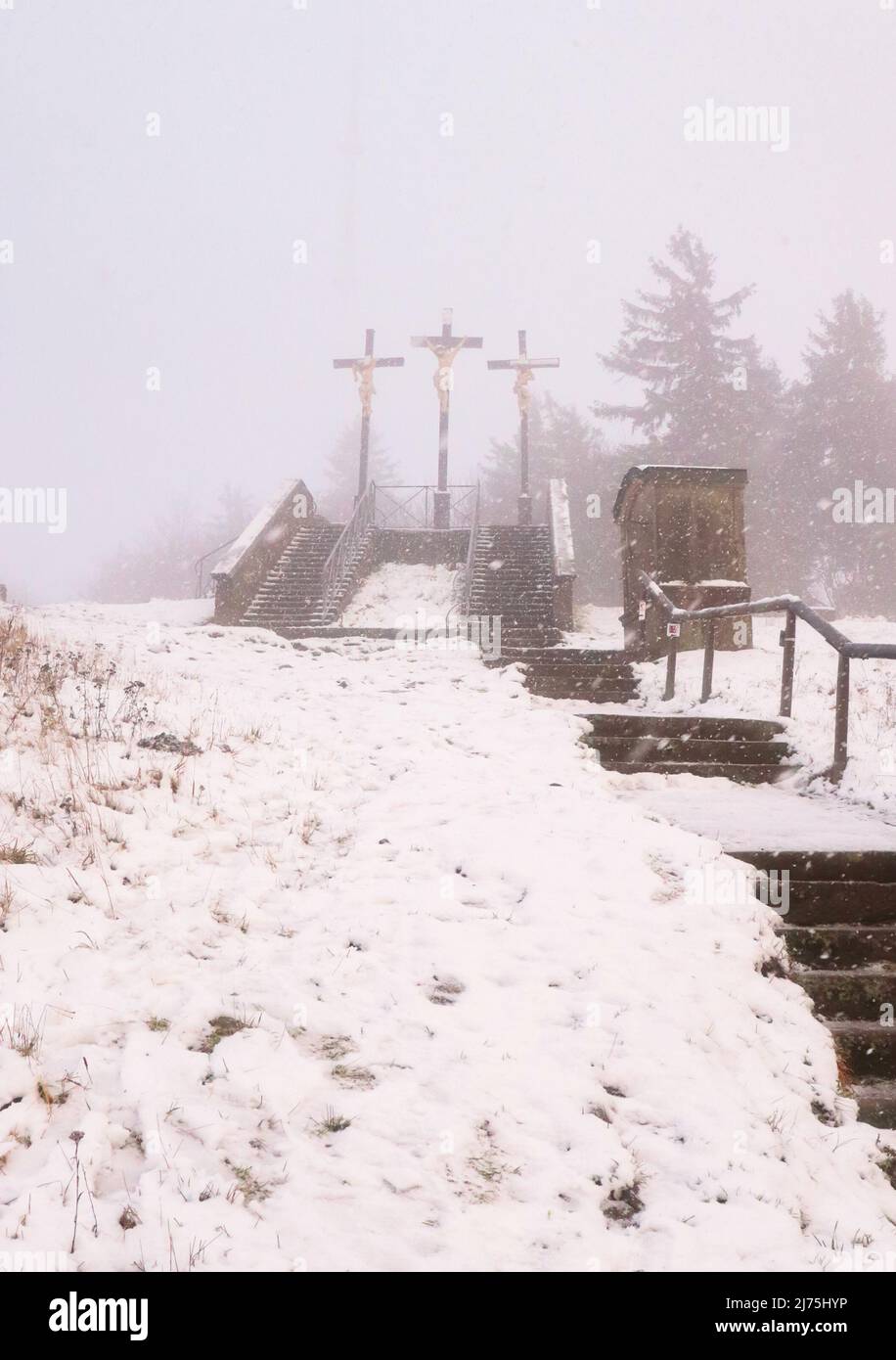 Three crosses at the top of the hill at Kreuzberg monastery on a very ...