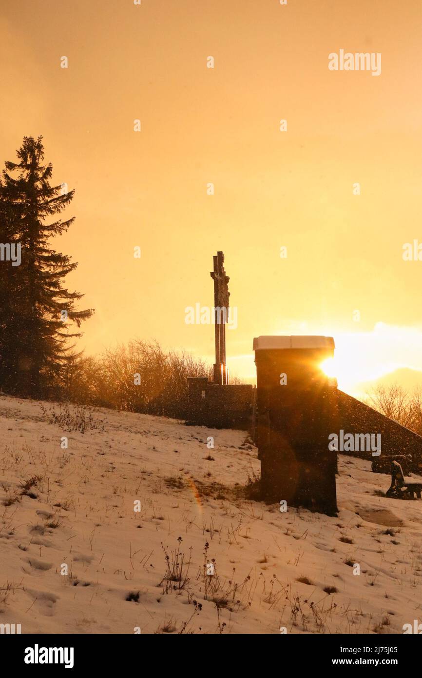 Crosses and monument at the top of the hill in the Rhon mountains above ...