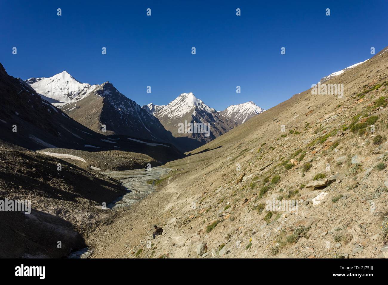 Zanskar, India - July 2012: A view of snow capped Himalayan mountains ...