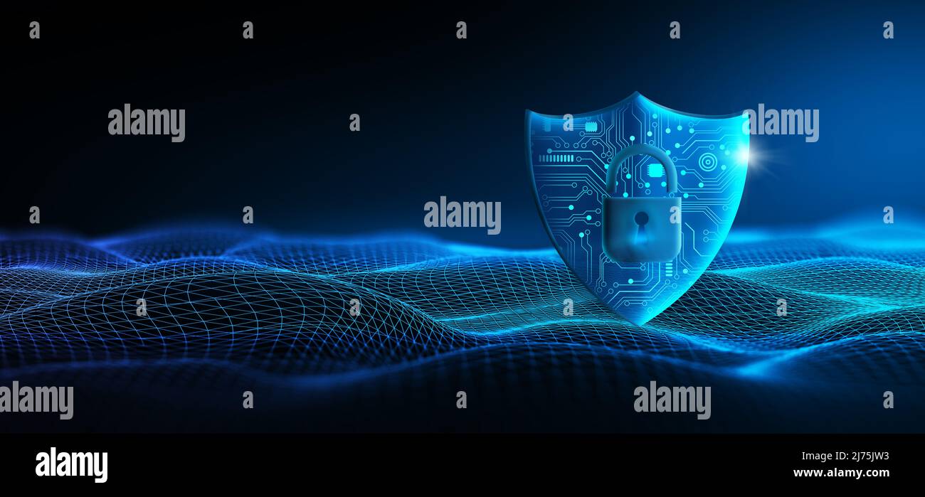 Shield With Padlock Icon On Network Wireframe With Abstract Background Virus Protection Cyber