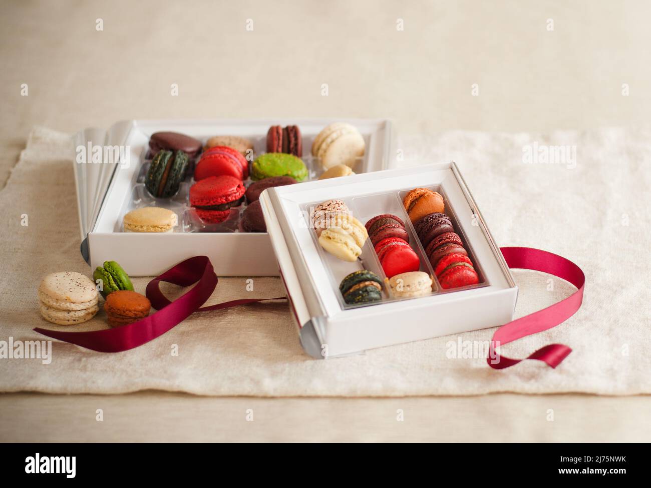 Boxes of Assorted Macaroons with Ribbon Stock Photo - Alamy