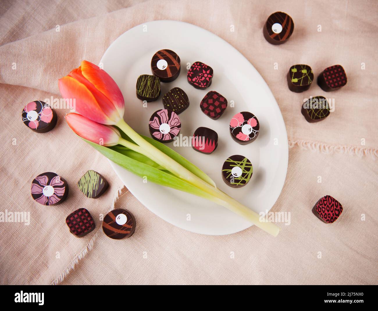 Gourmet Spring Chocolate with a Tulip; From Above Stock Photo - Alamy