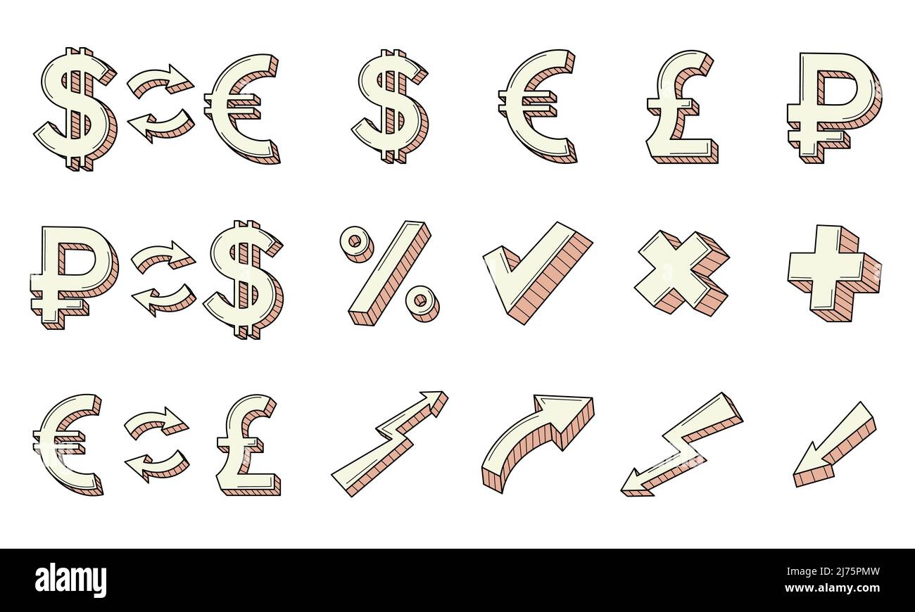 A set of colored doodle business, icons. Currency exchange symbols ...