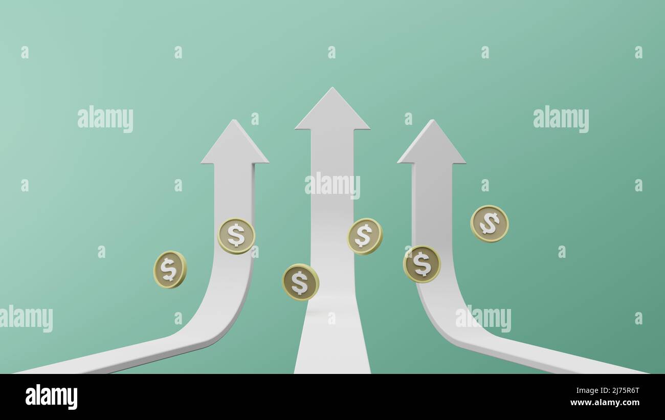 Levitate dollar sign coins with white arrow upward 3D rendering ...