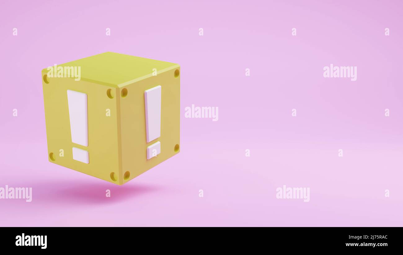 Yellow item box with white exclamation marks sign symbol for game 3D ...