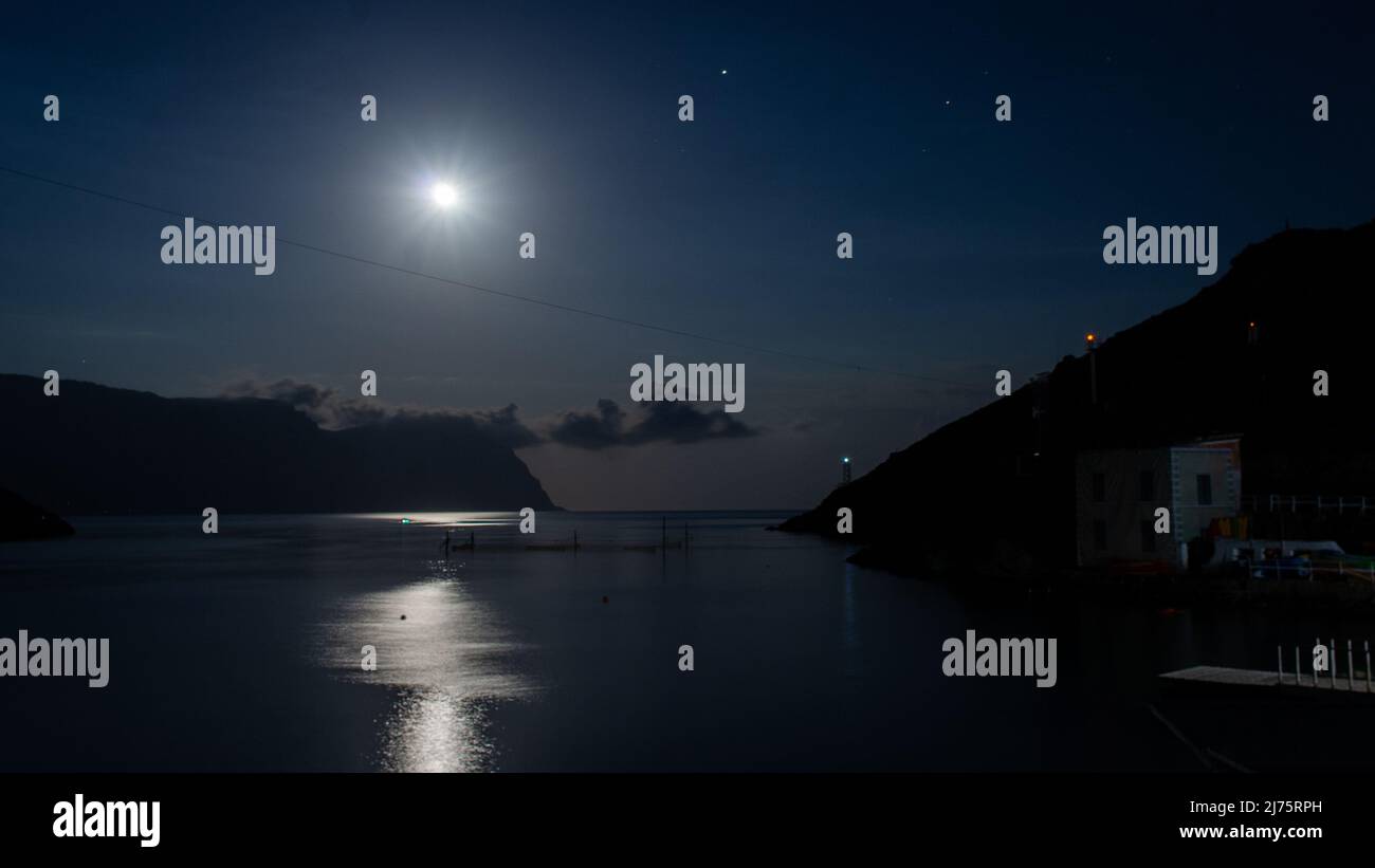 A nighttime seascape. The cove is illuminated by the moon. Front view ...