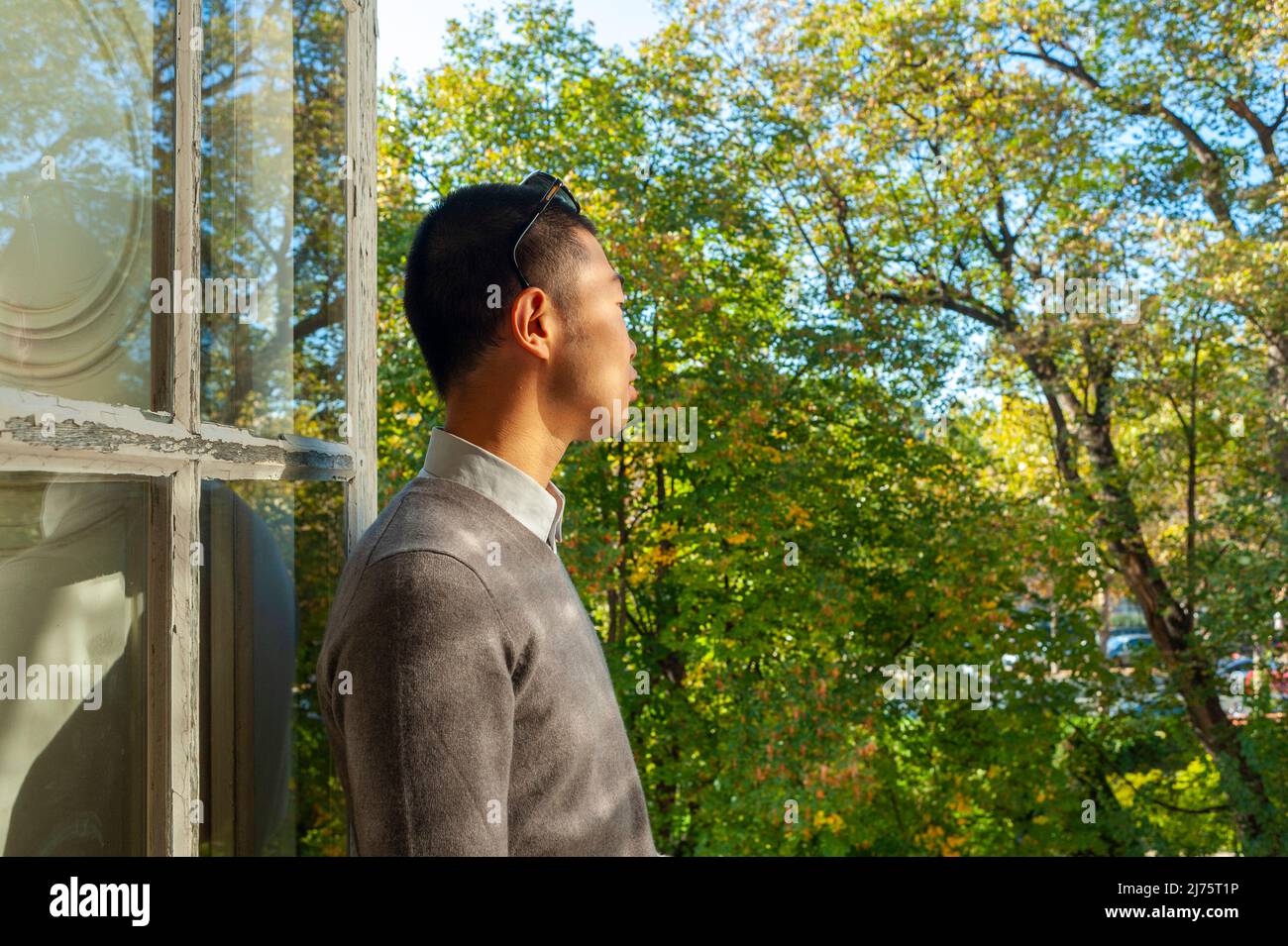 Paris, France, Chinese Man Looking Out, Open Window, Musee Rodin, to ...