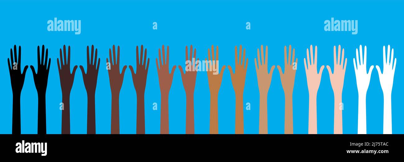 Horizontal banner. 8 pairs of hands raised up. Hands of different races ...