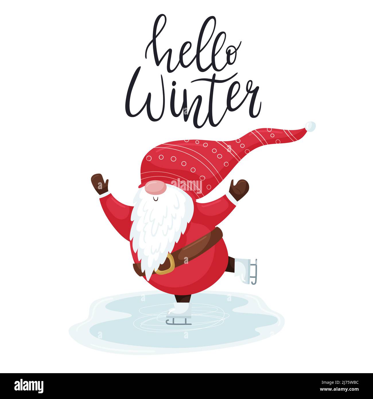 A postcard with a cute Christmas gnome in a red hat skating on an ice ...