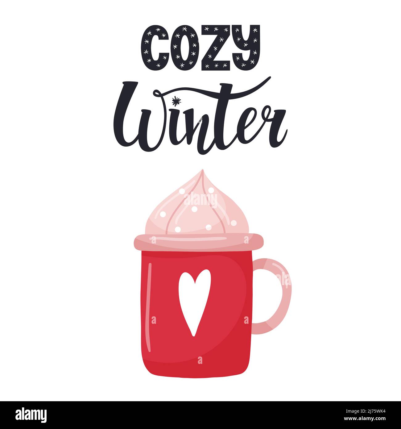 A postcard with a mug of cocoa, whipped cream and hearts. The hand ...