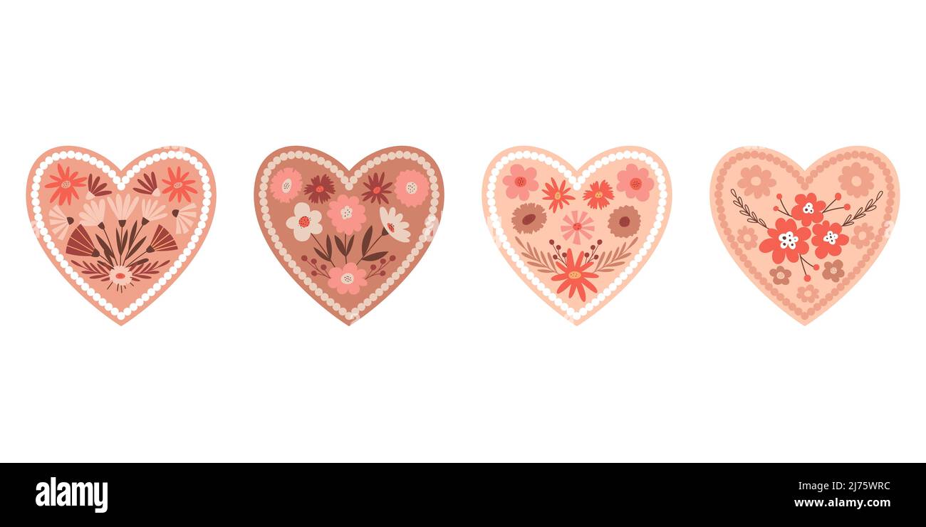 A set of flower hearts in boho style. Valentine card with floral ...