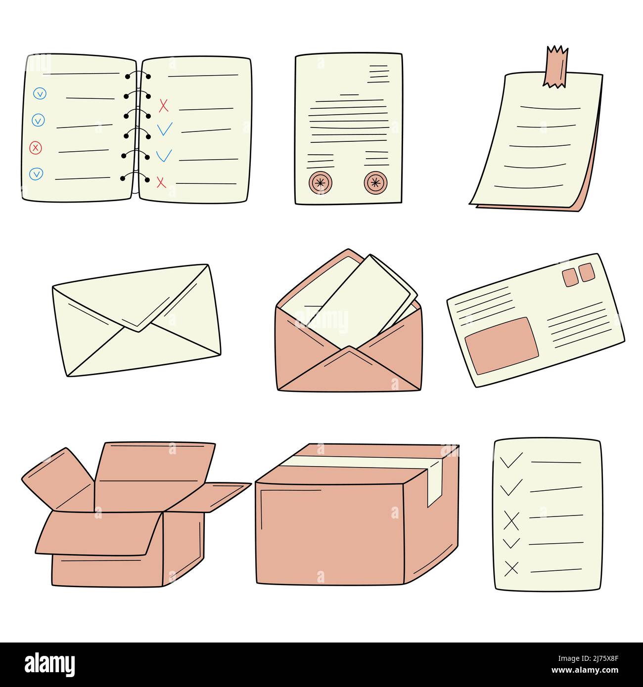 A set of colore doodle icons with paper documents, a sticker ...