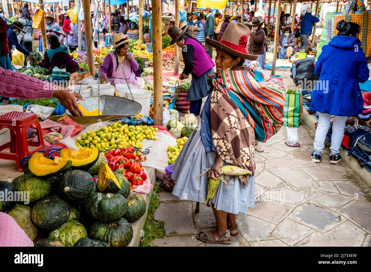 Senior Indigenous Quechua Women Shopping For Fruit and Vegetables At ...