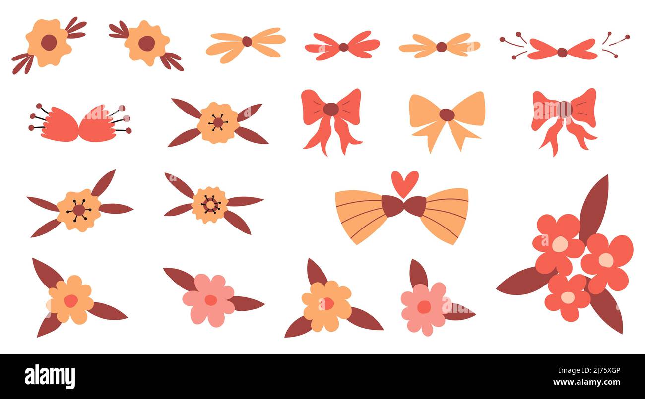 A set of simple botanical elements. Flowers, leaves, bows in childish ...
