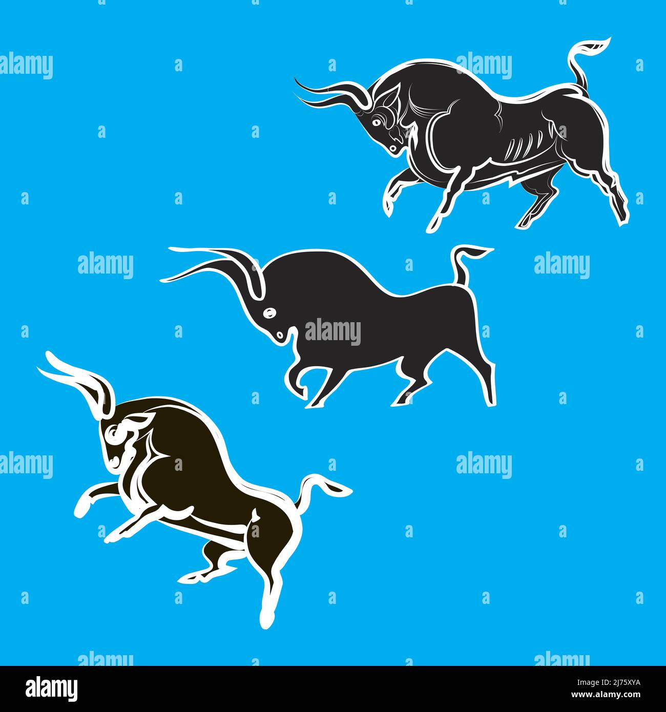 Three black silhouettes bulls with white contours. Terrible animals ...