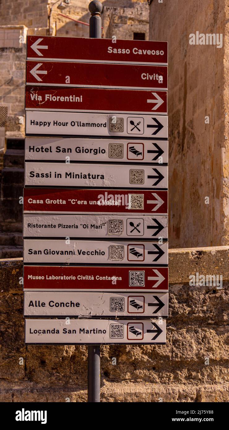 Signpost in the old town of Matera, a historic Unesco World Heritage ...