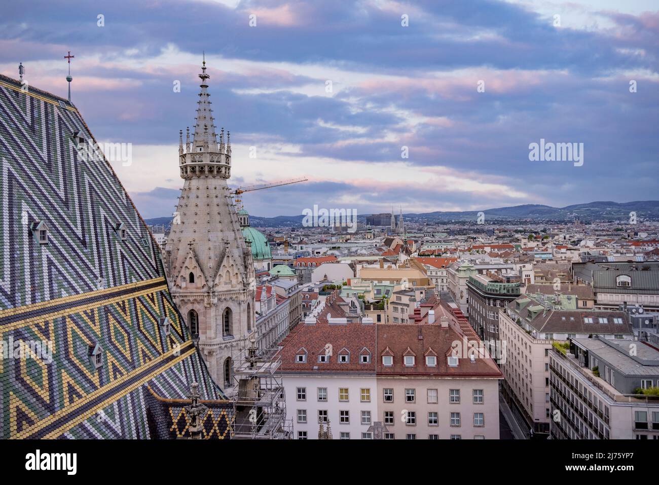 View over the city of Vienna from the top of St Stephans Cathedral ...