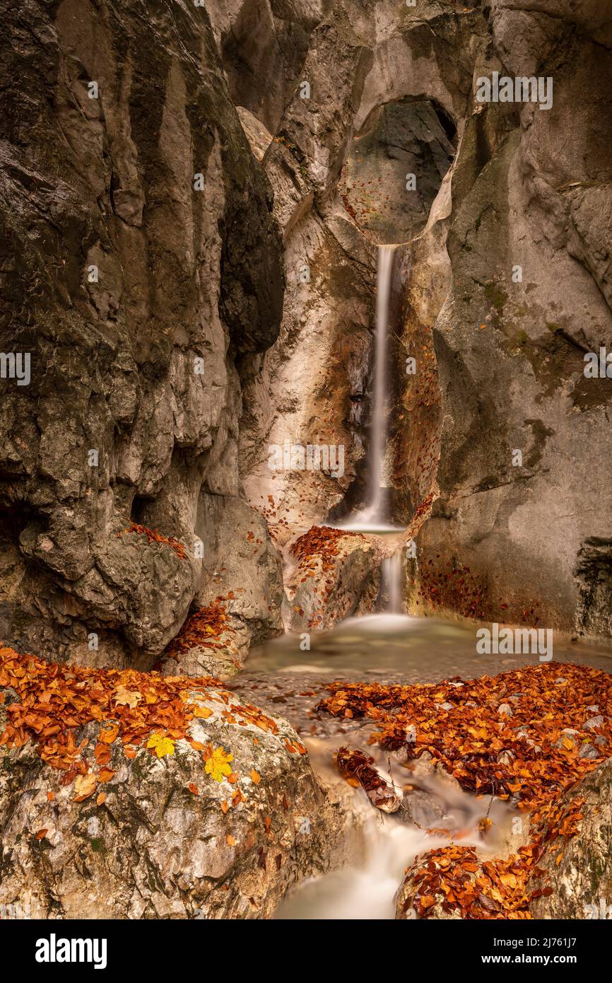 A small stream on the Kesselberg near Kochel am See with a break in the ...