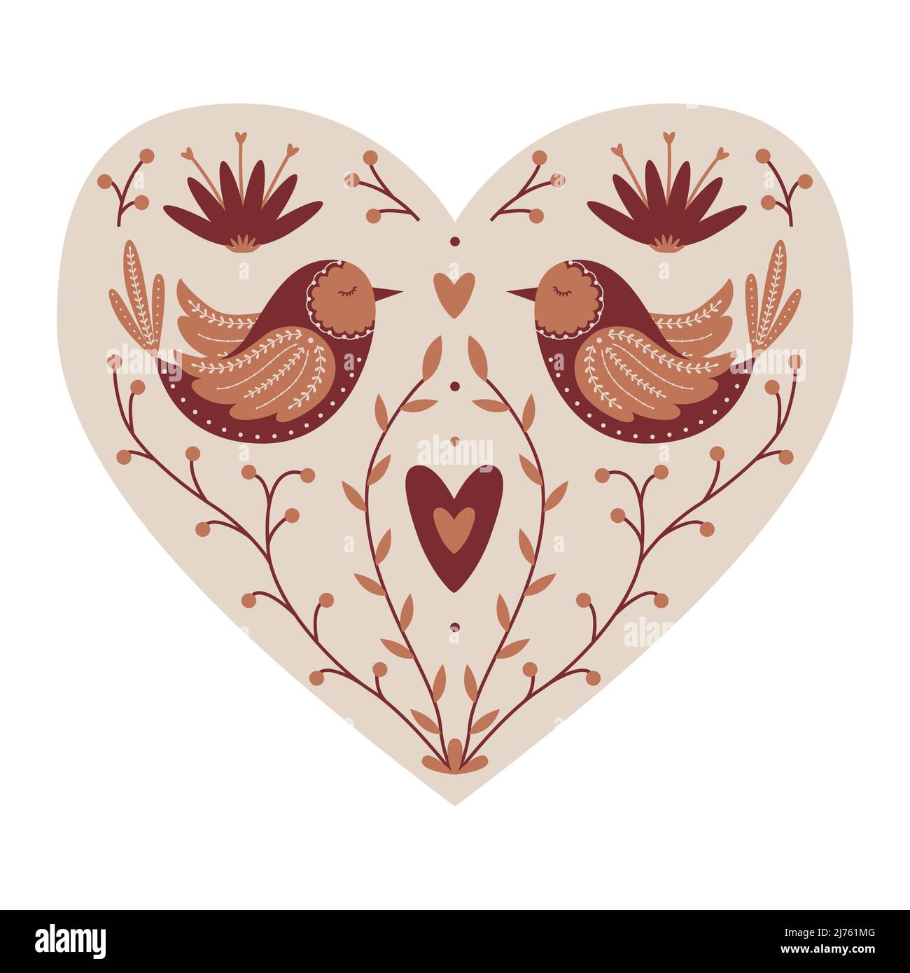 Symmetrical Mystical Heart with birds, twigs, hearts. Decorative ...