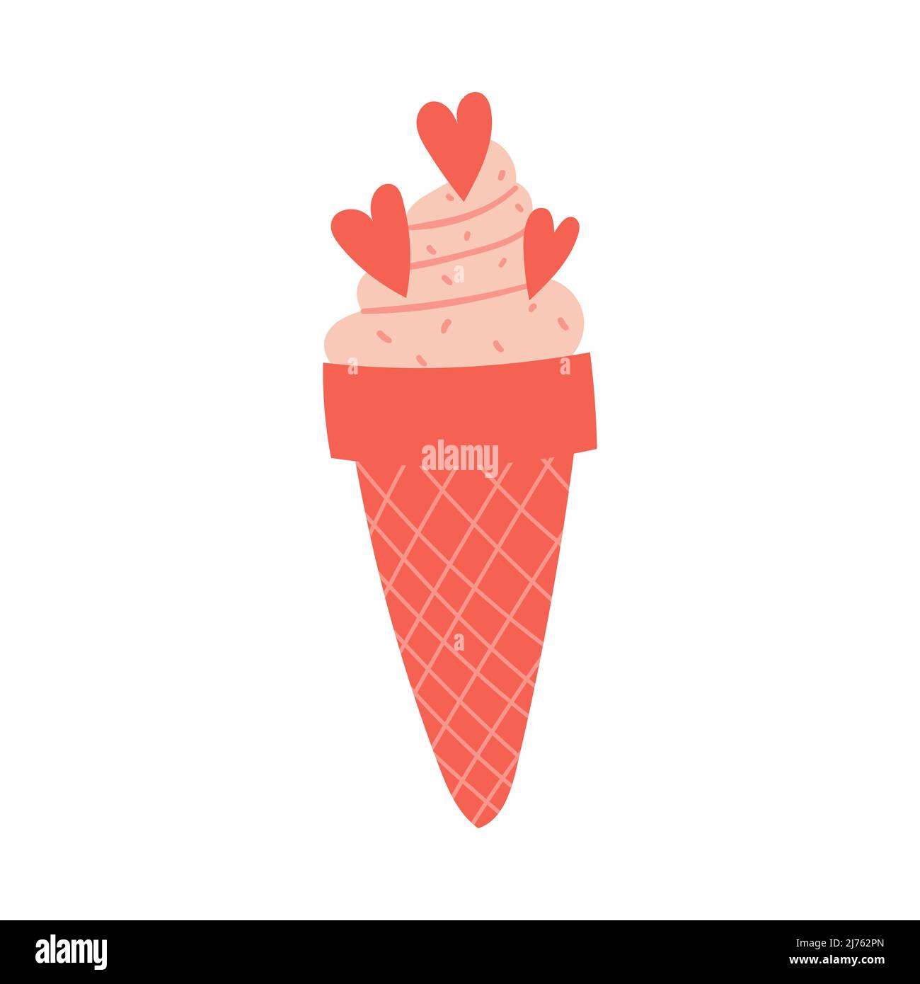 Pink ice cream in a waffle cone with hearts. Sweet food. A decorative ...