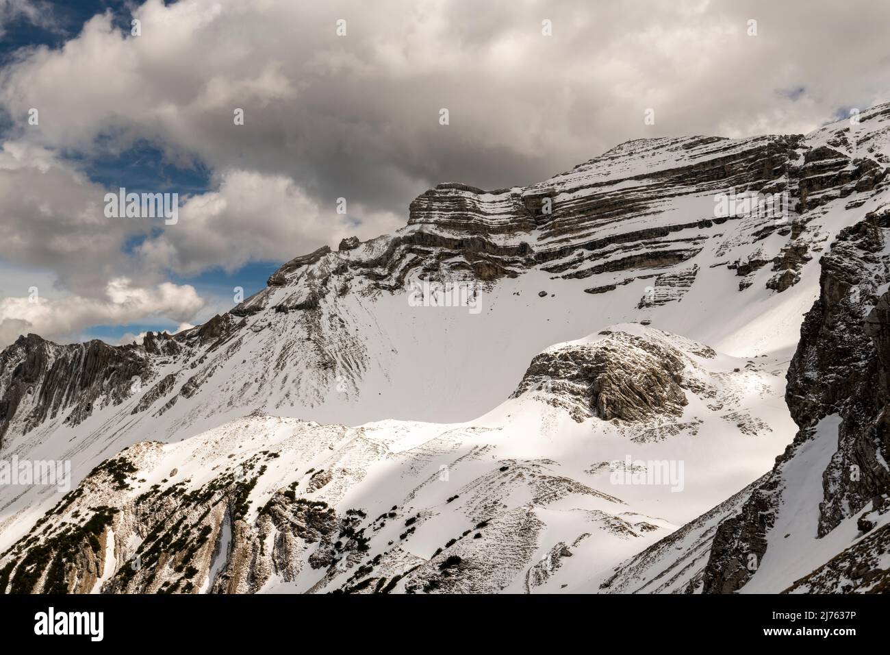 The Soiernspitze with the Soiernschneid in spring with snow and thick ...