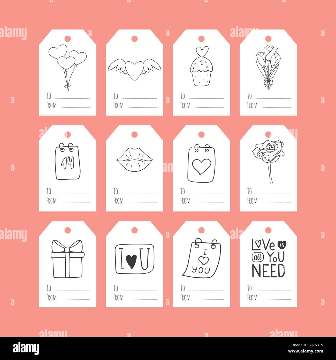 Set of gift tags with black and white hand-drawn doodles for Valentine ...