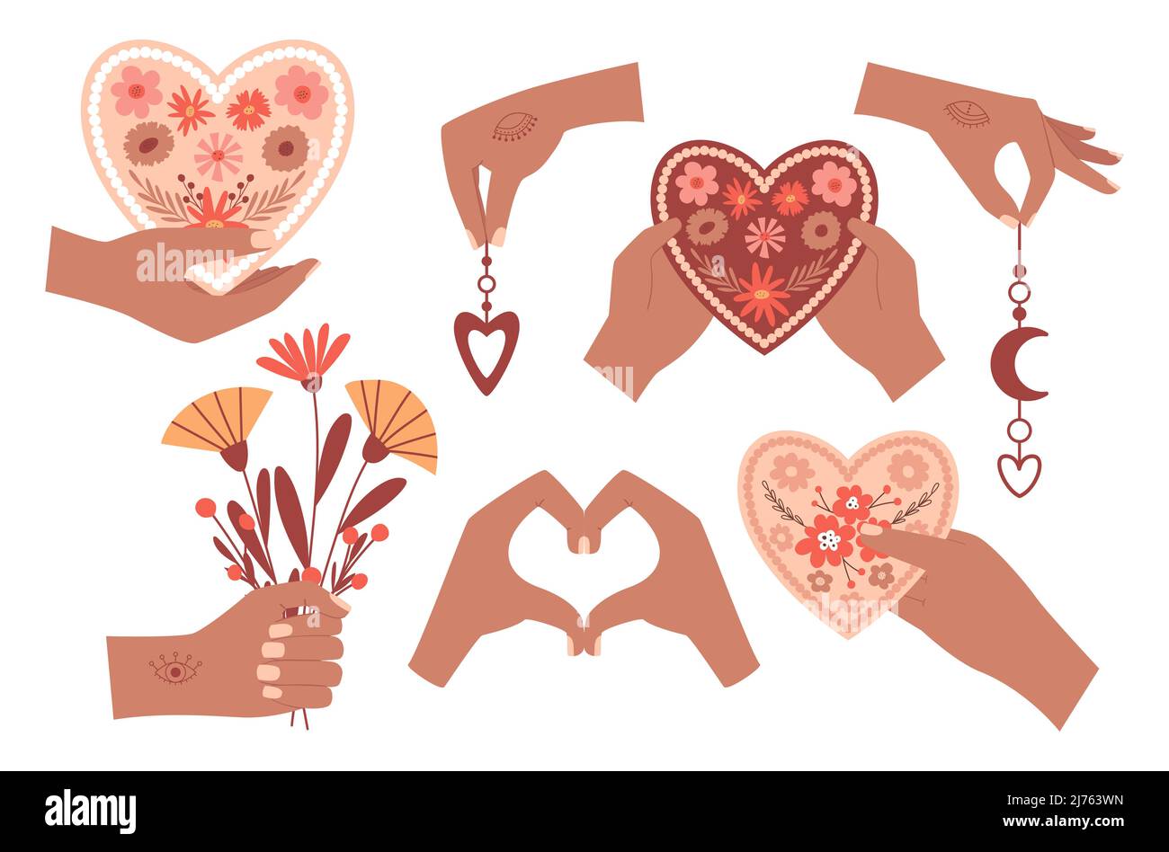 A set of human hands holding boho elements, a bouquet giving a flower ...