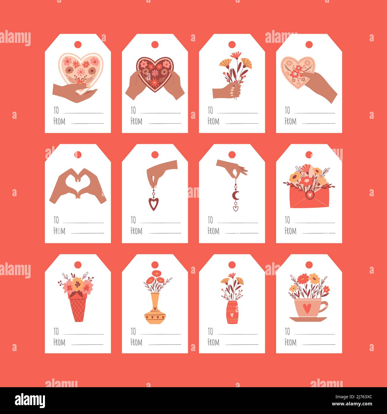 A set of gift tags for Valentine's Day. Hands hold a heart, bouquet ...