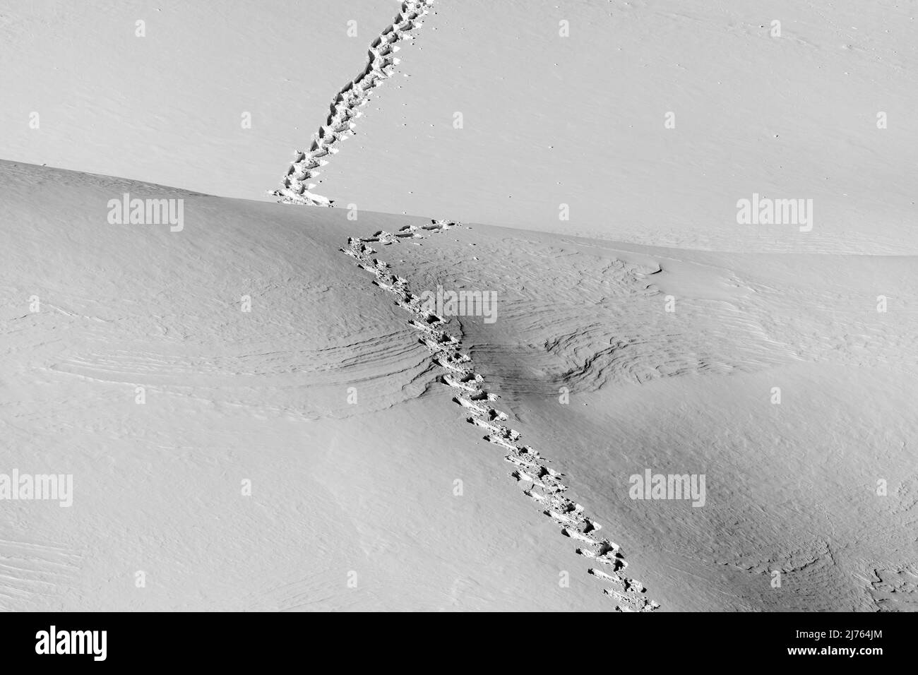 A single snowshoe track in the Karwendel on a mountain slope in the ...
