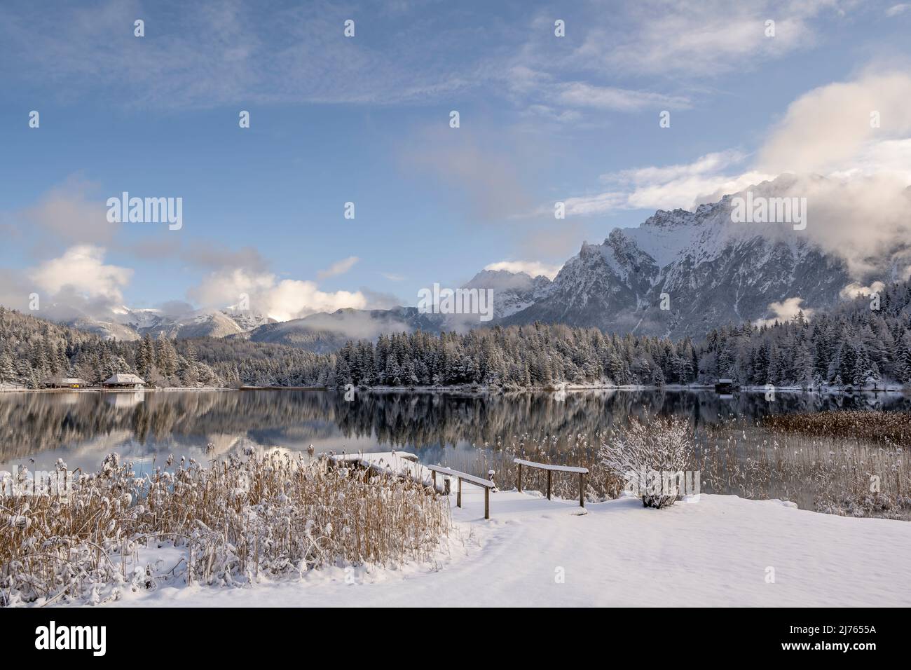 The Lautersee above Mittenwald in the fresh snow of a beautiful winter ...