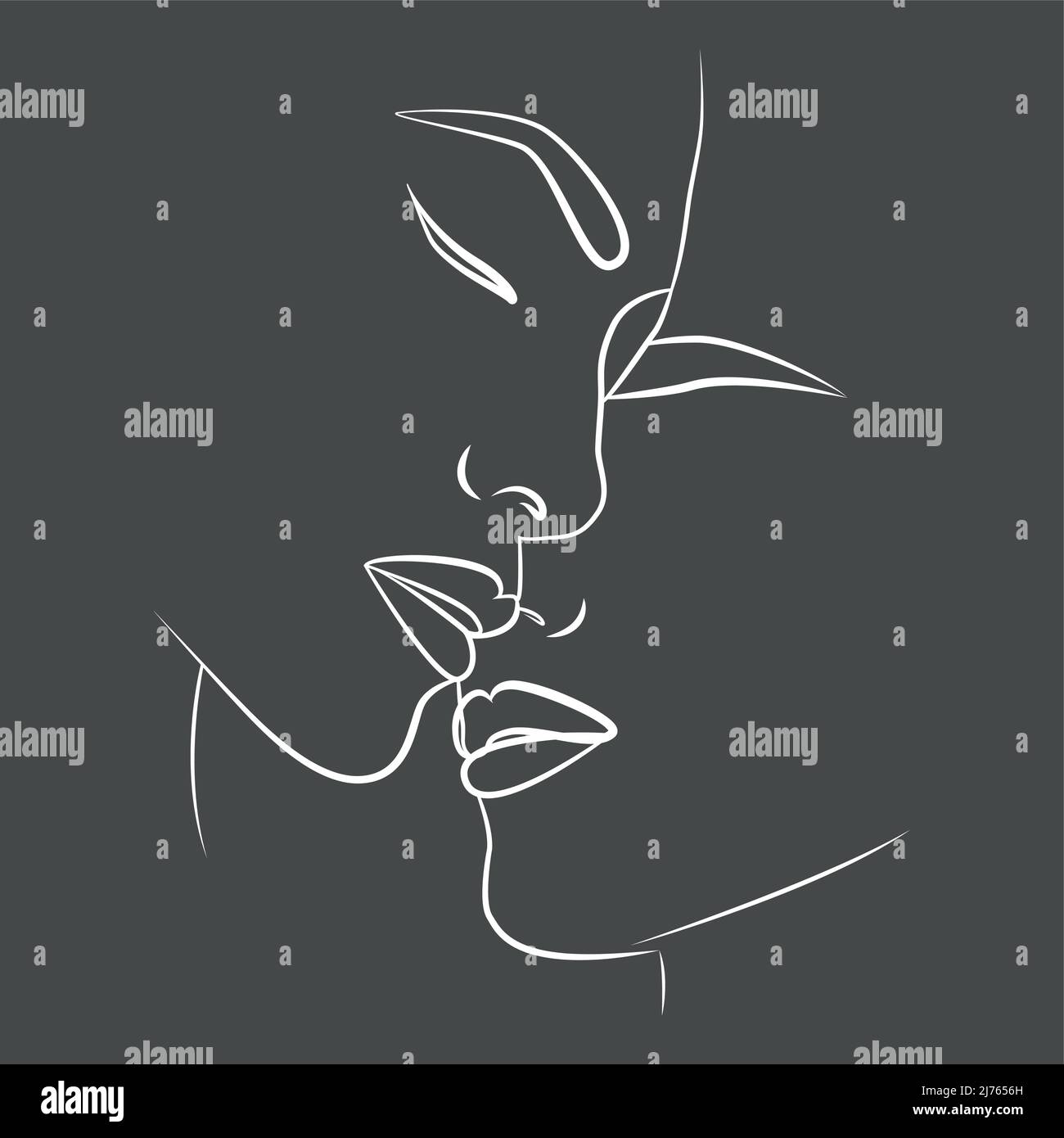 A couple kissing. A linear drawing of a man and a woman in love ...