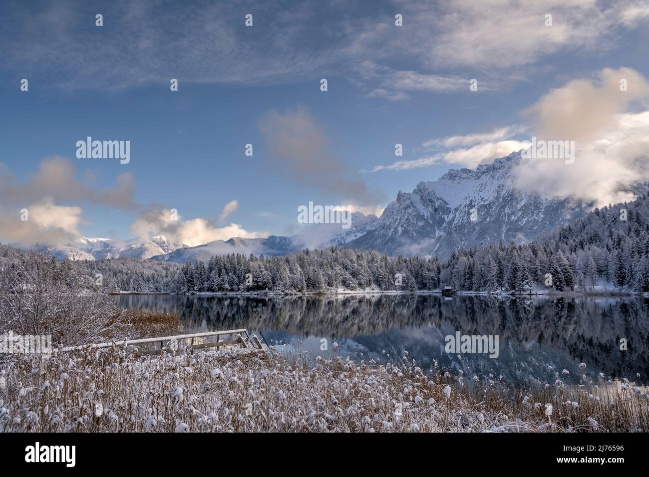 The Lautersee above Mittenwald in the fresh snow of a beautiful winter ...