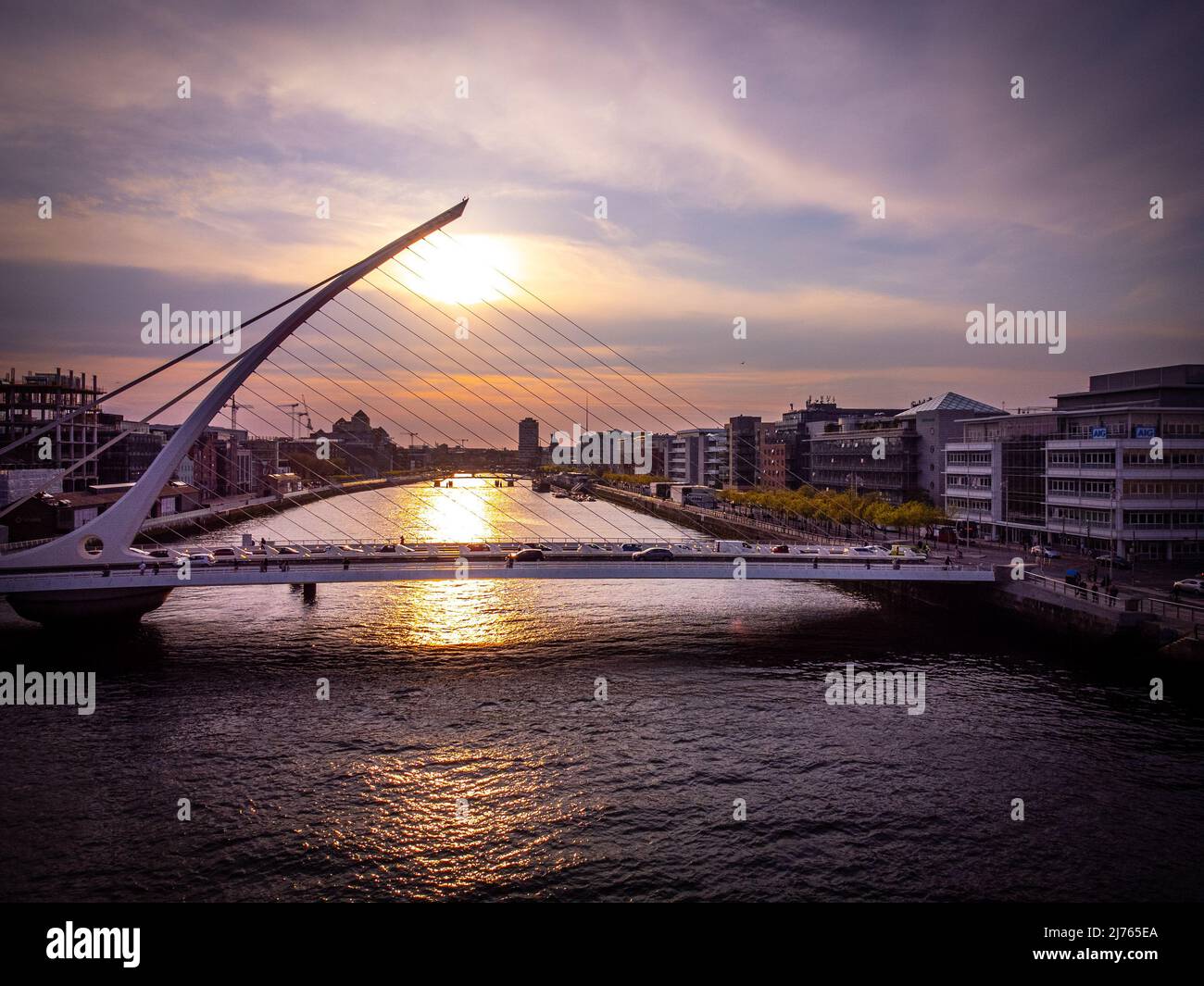 Samuel Beckett Bridge in Dublin at sunset - aerial view Stock Photo - Alamy
