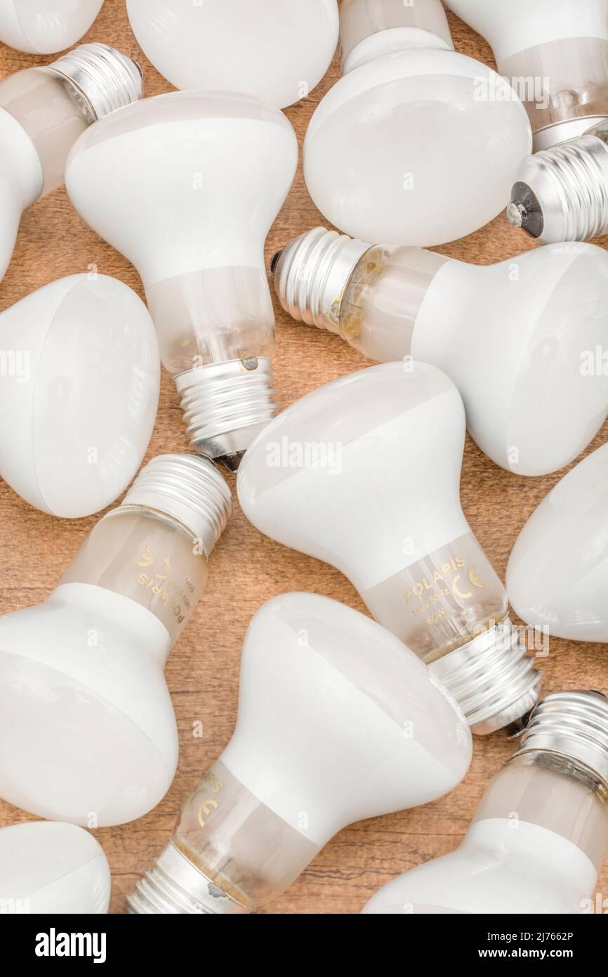 Multiple E27 Edison Screw incandescent glass reflector light bulbs on a ...