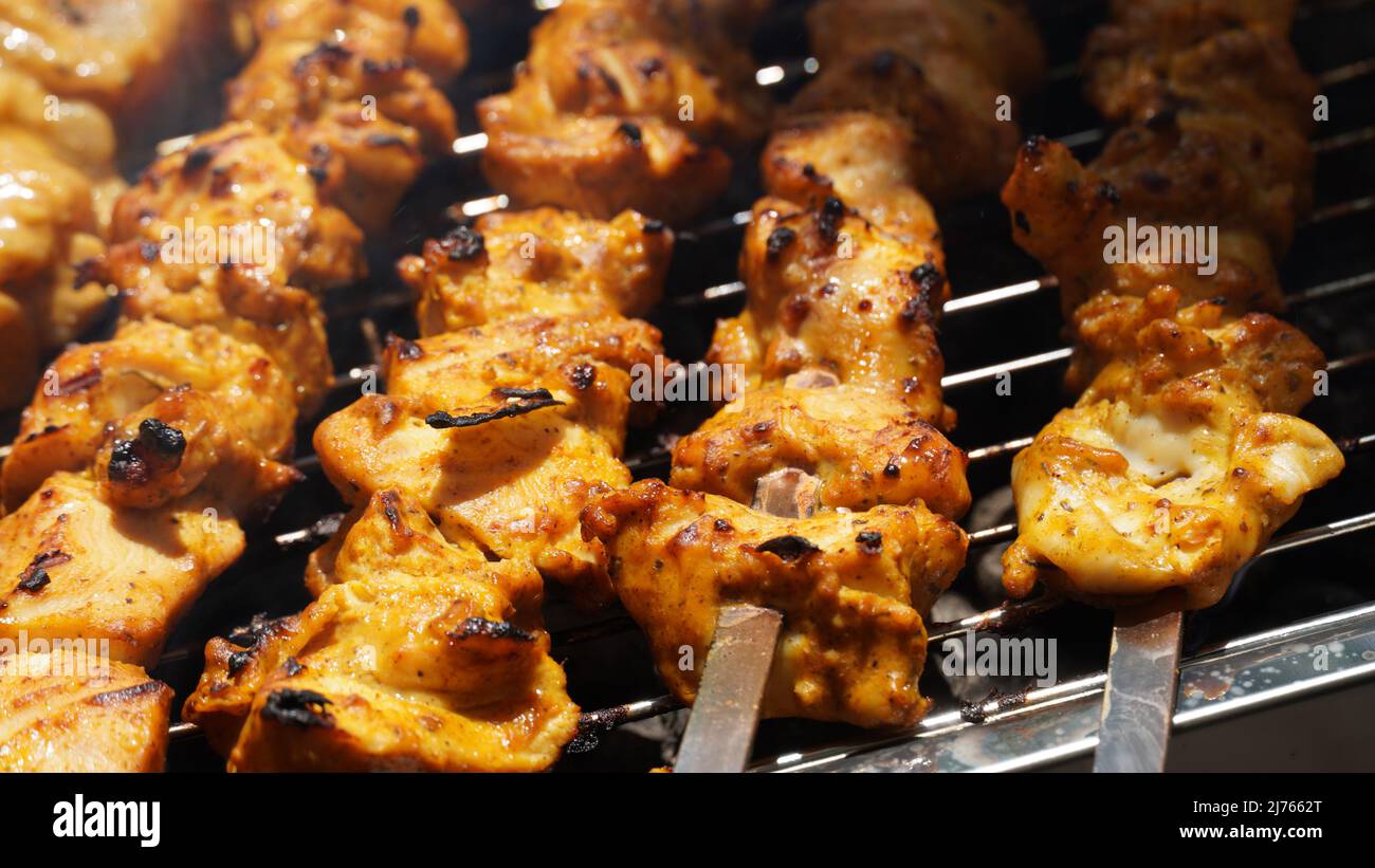 Shashlik - traditional Georgian barbecue. Closeup of raw roasted ...