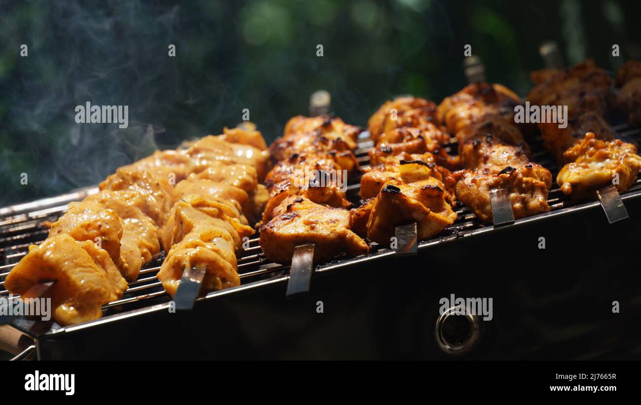 Shashlik - traditional Georgian barbecue. Closeup of raw roasted ...