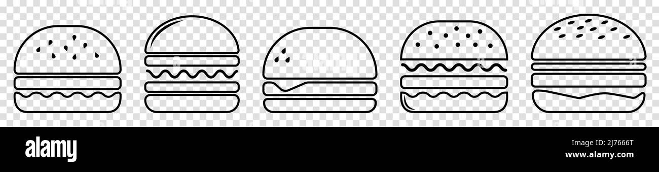 Set of line burger icons. Vector illustration isolated on transparent ...