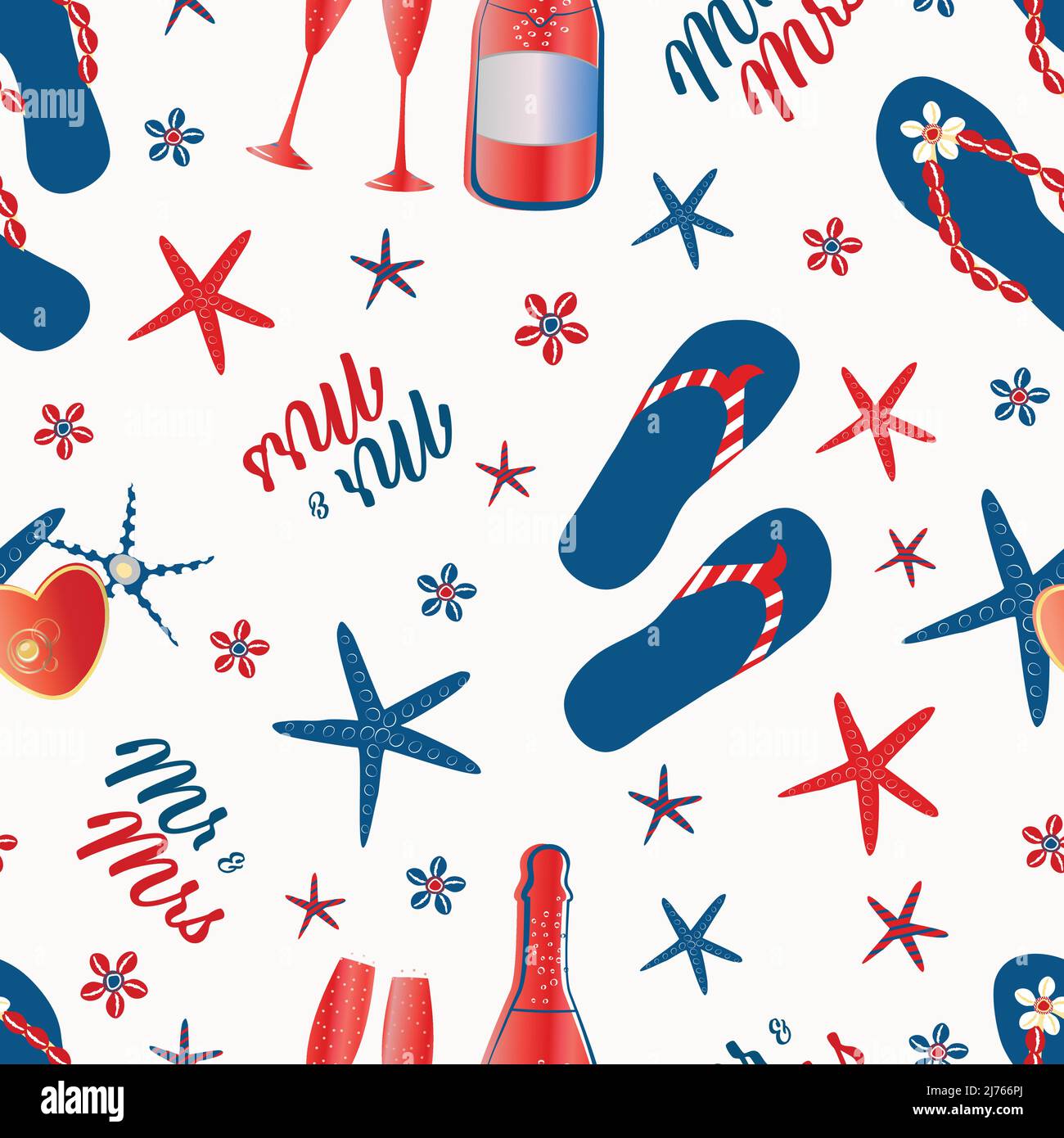 Vector Mr and Mrs typography, flip flop shoes, starfish, hearts, shells champagne glasses. Red ...