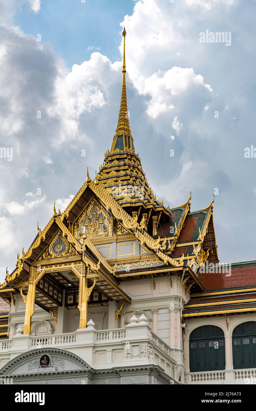 Entrance to Chakri Maha Prasat with symbol of Chakri dynasty, residence ...