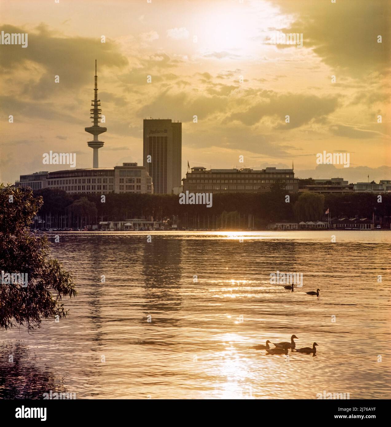 Alster river in Hamburg with view of Radisson Blu Hotel and TV Tower ...